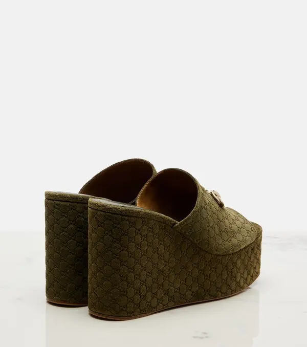 Gucci Horsebit Gg Suede Wedge Mules - Green