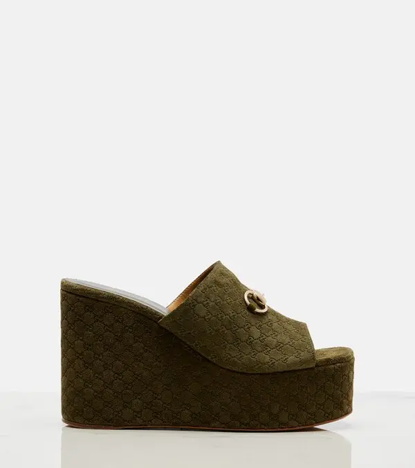 Gucci Horsebit Gg Suede Wedge Mules - Green