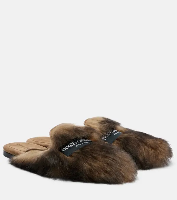 Dolce & Gabbana Logo Suede-trimmed Shearling Mules - Brown