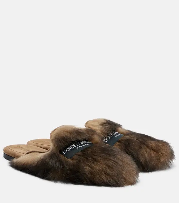 Dolce & Gabbana Logo Shearling Mules - Brown