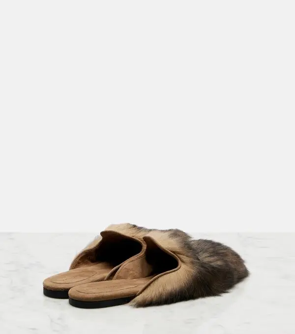 Dolce & Gabbana Logo Shearling Mules - Brown