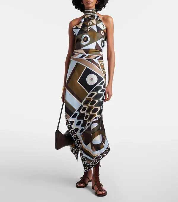 Emilio Pucci Vivara Asymmetric Silk Twill Midi Skirt