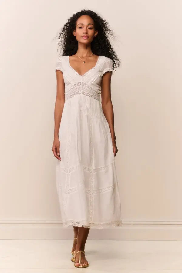 LoveShackFancy Suvi Heritage Midi Dress With Lace And V-neckline - White