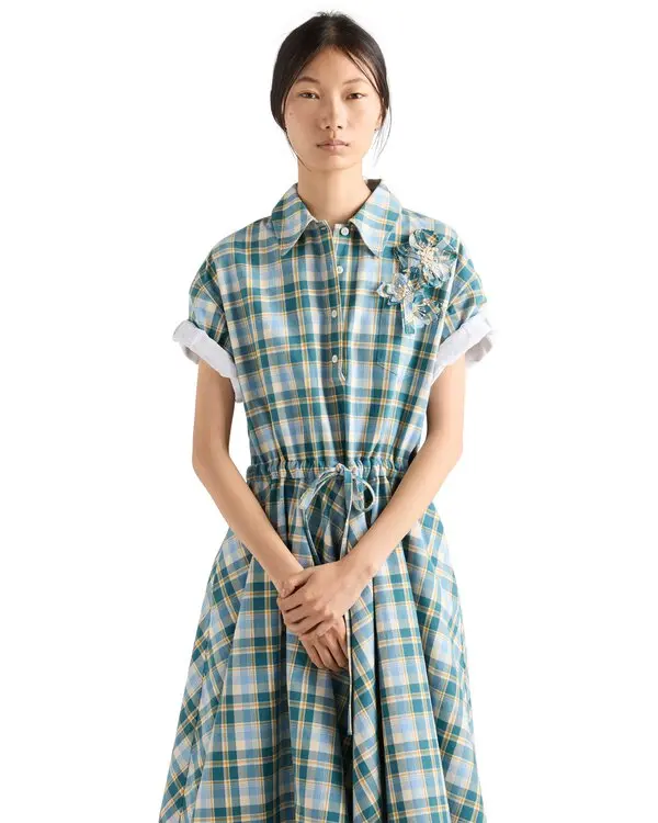 Prada Embroidered Checked Cotton Dress - Neutral