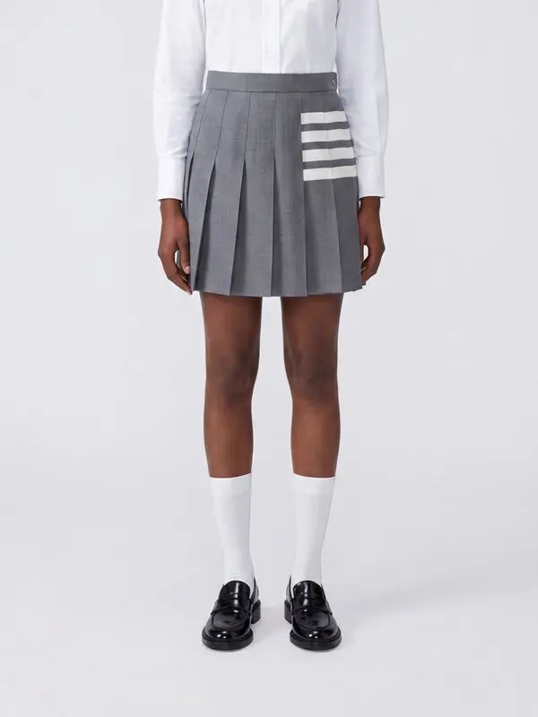 Thom Browne Pleated Wool Mini Skirt With 4-bar Detail - Grey