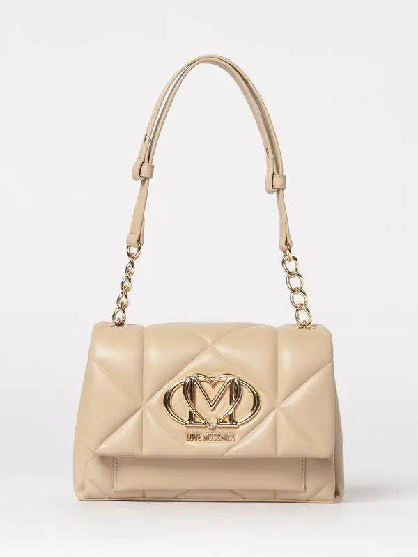 Moschino Quilted Shoulder Bag With Gold Tone Logo - Beige