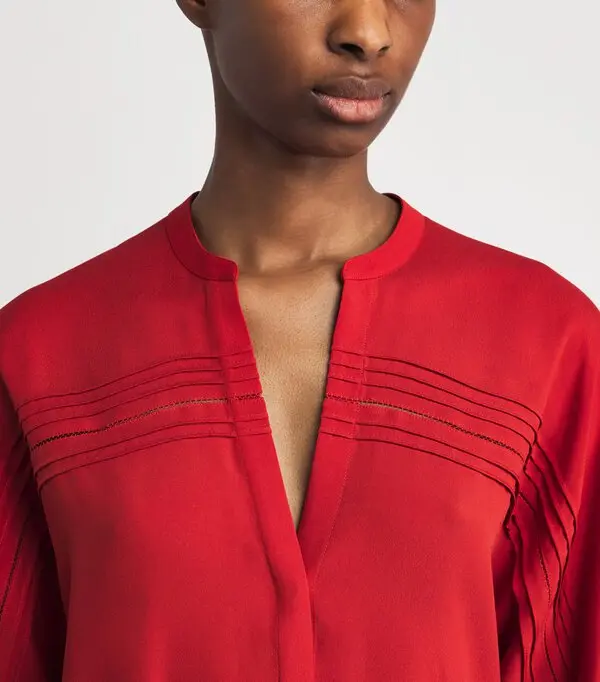 Vince Pintuck Satin Half-placket Blouse - Red