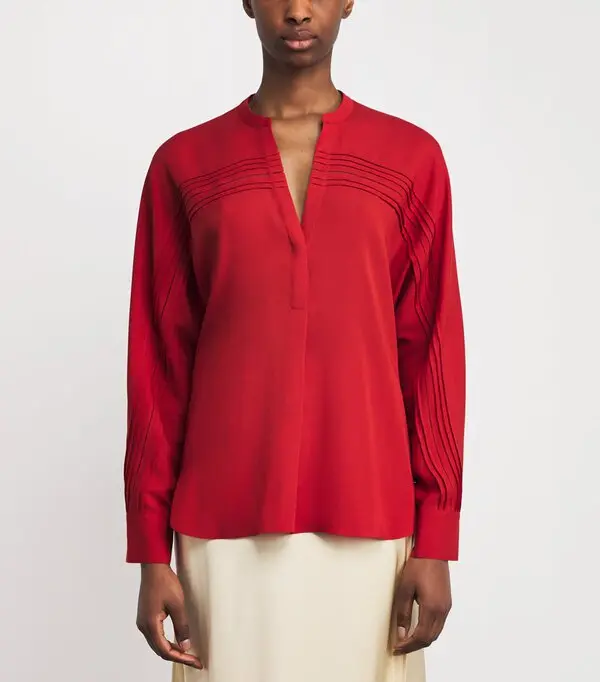 Vince Pintuck Satin Half-placket Blouse - Red