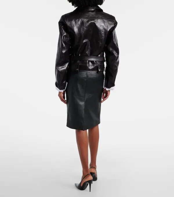 Saint Laurent Belted Leather Pencil Skirt - Black
