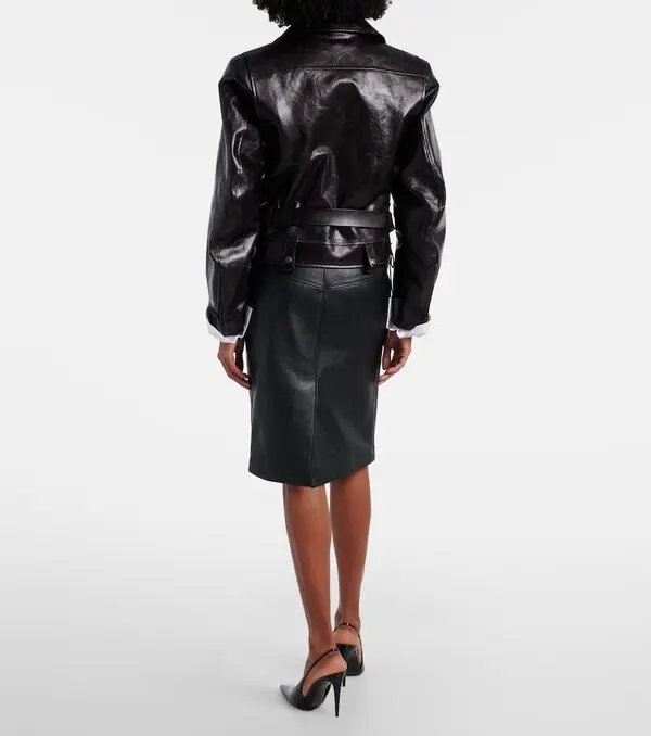 Saint Laurent Belted Leather Pencil Skirt - Black