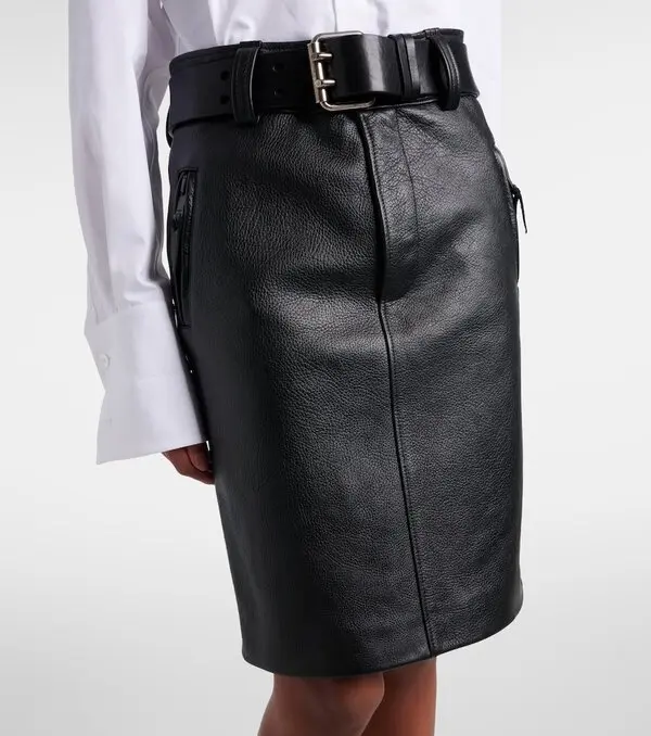 Saint Laurent Belted Leather Pencil Skirt - Black
