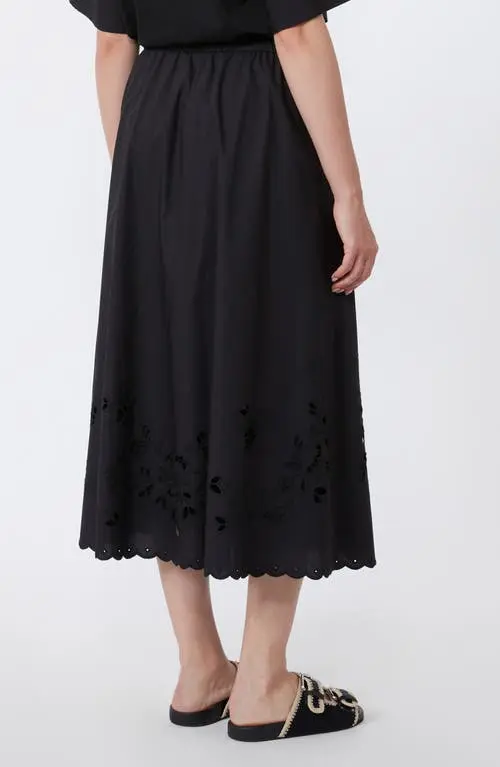 Max Mara Caravan Scalloped Eyelet Cotton Poplin Midi Skirt - Black