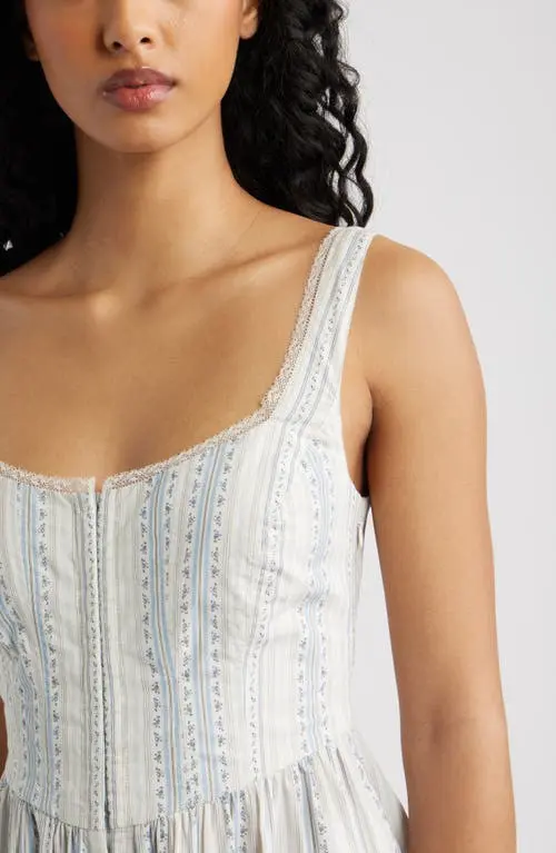 LoveShackFancy Majory Floral Stripe Cotton Dress - Cinched Blue