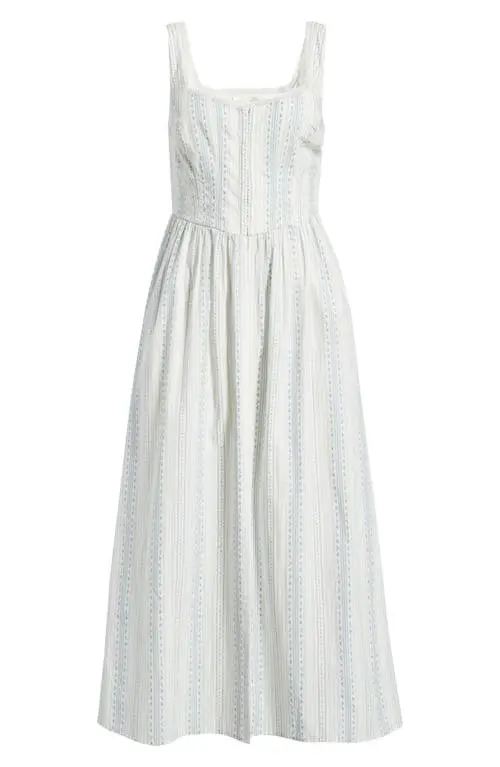LoveShackFancy Majory Floral Stripe Cotton Dress - Cinched Blue