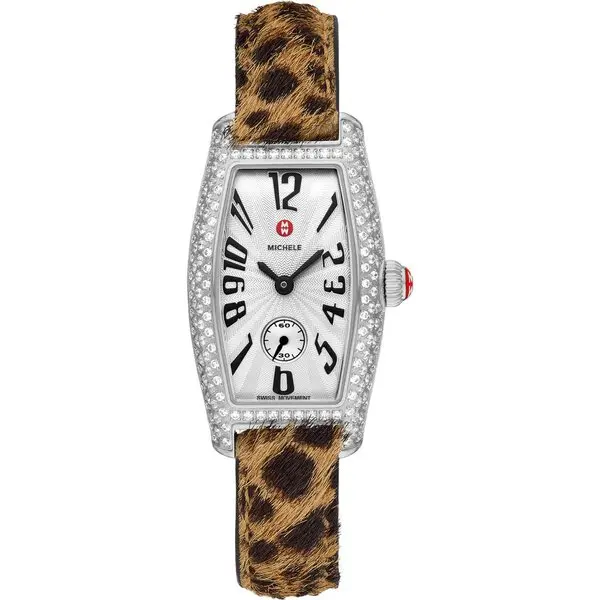 Michele Special Edition Diamond Tonneau Calf Hair Strap Watch - Brown/black/silver Multi