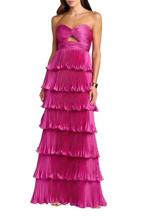 Mac Duggal Pleated Charmeuse Strapless Tiered Ruffle Gown - Fuchsia