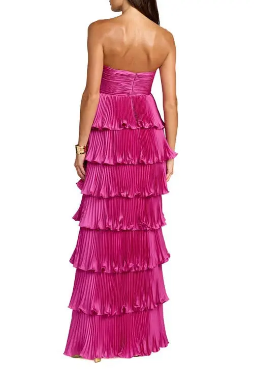 Mac Duggal Pleated Charmeuse Strapless Tiered Ruffle Gown - Fuchsia