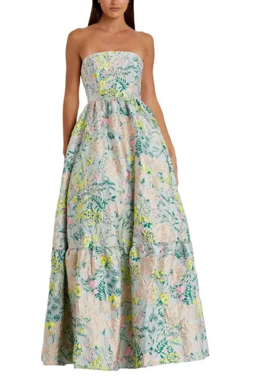 Mac Duggal Floral Brocade Strapless A-line Gown - Pastel Multi