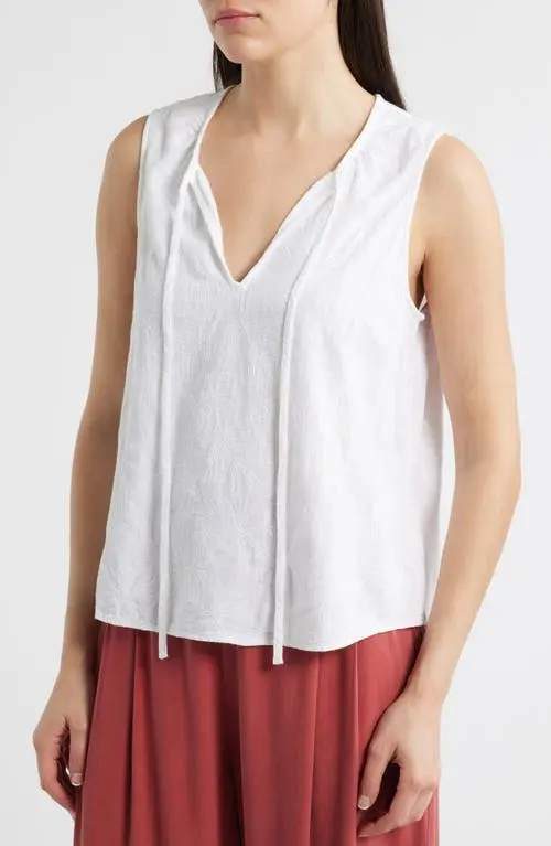 CLOTH & STONE Floral Embroidered Split Neck Tank - White