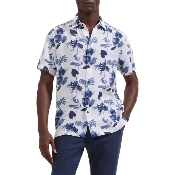 Bugatchi Orson Shaped Fit Leaf Print Short Sleeve Button-up Shirt