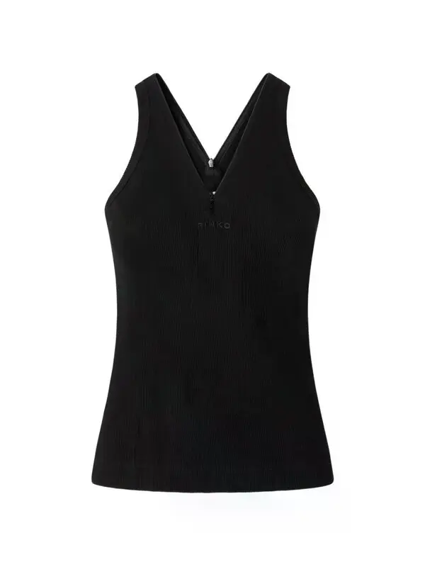 Pinko Ribbed V-neck Tank Top With Logo Detail - Black