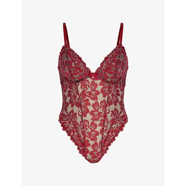 SAVAGE X FENTY Floral Underwired Corded Lace Teddy - Red Cognac