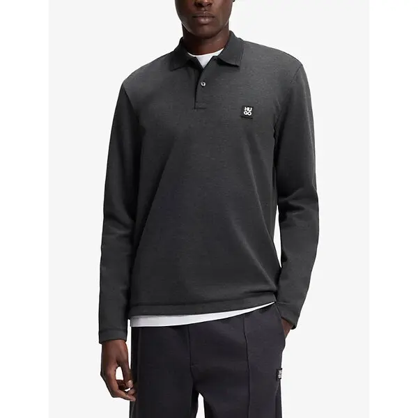 Hugo Stacked Logo-appliqué Long-sleeved Stretch-woven Polo Shirt - Medium Grey