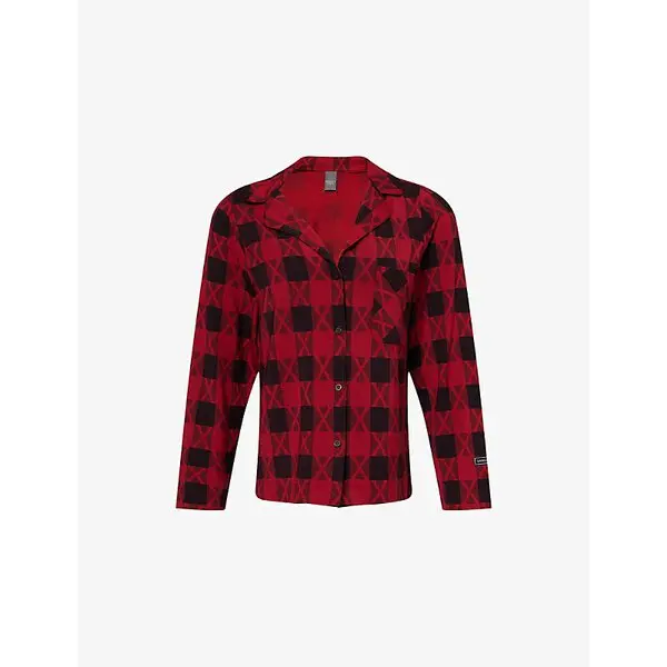 SAVAGE X FENTY Softcore Modal Pajama Shirt - Red Cognac Buf Plaid Prt