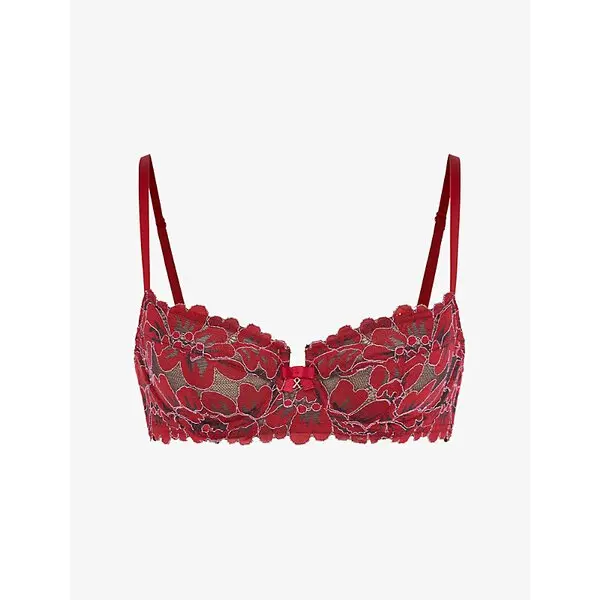 SAVAGE X FENTY Floral Unlined Balconette Corded Lace Bra - Red Cognac