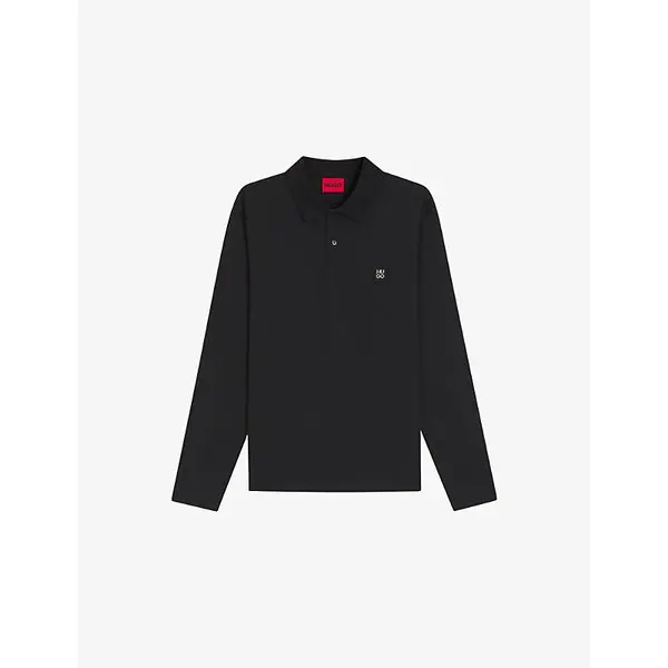 Hugo Stacked Logo-appliqué Long-sleeved Stretch Cotton-blend Polo Shirt - Black