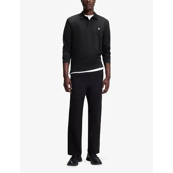 Hugo Stacked Logo-appliqué Long-sleeved Stretch Cotton-blend Polo Shirt - Black