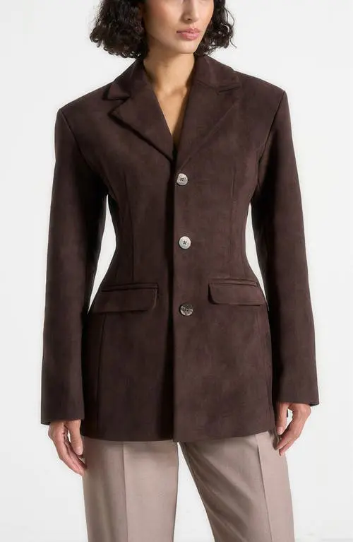 Manière De Voir Claire Suede Wide Shoulder Cinch Waist Blazer - Brown