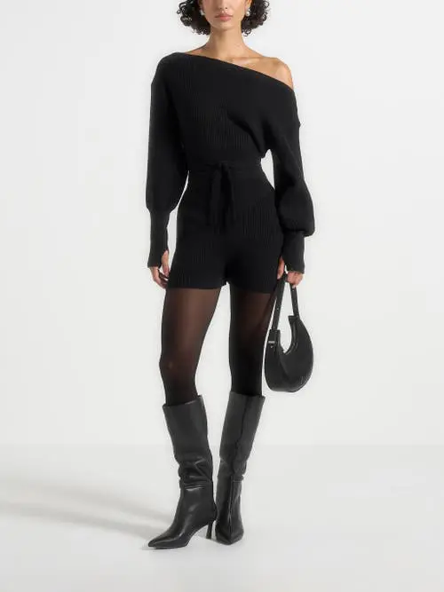 Manière De Voir Raya Off Shoulder Knitted Playsuit With Belt - Black