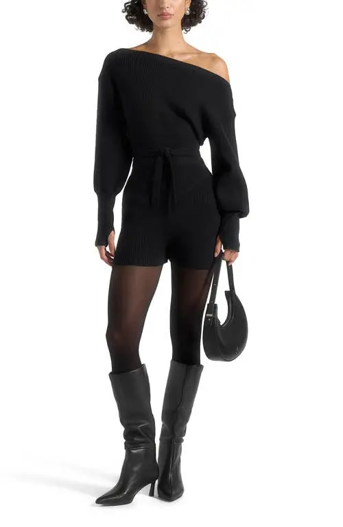 Manière De Voir Raya Off Shoulder Knitted Playsuit With Belt - Black