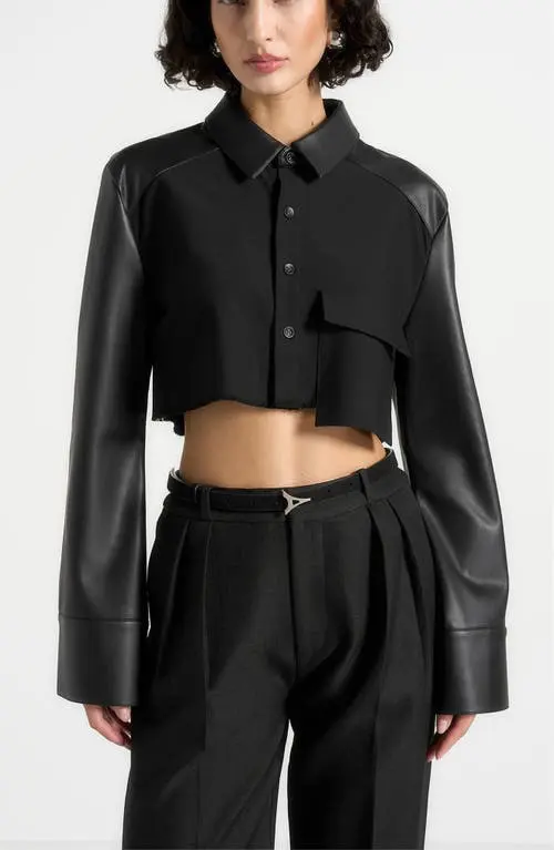 Manière De Voir Bernadette Leather Contrast Cropped Shirt - Black