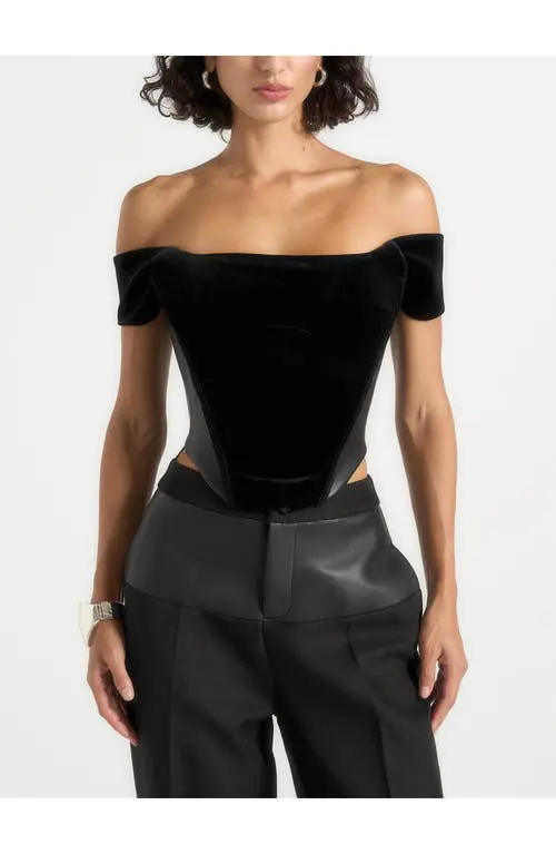 Manière De Voir Fae Velvet & Leather Bardot Corset Top - Black