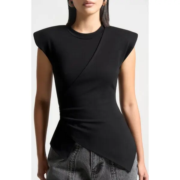 Manière De Voir Wide Shoulder Ruched Waist Top - Black