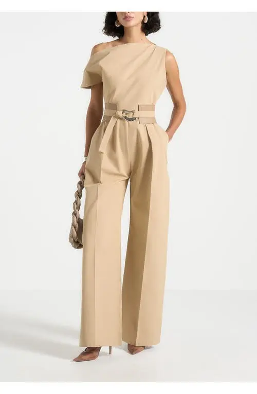 Manière De Voir Valerie Tailored Off-shoulder Jumpsuit With Belt - Beige