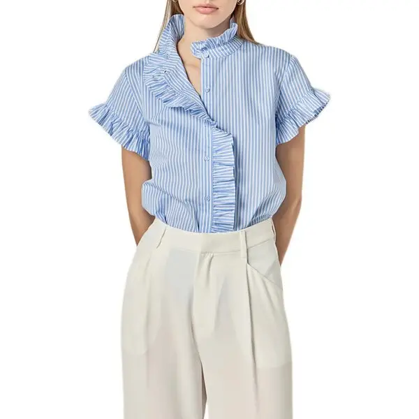 English Factory Stripe Ruffle Button-up Shirt - Powder Blue