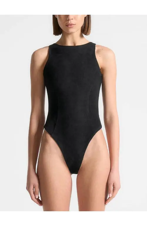 Manière De Voir Adele Suede Racer Neck Bodysuit - Black