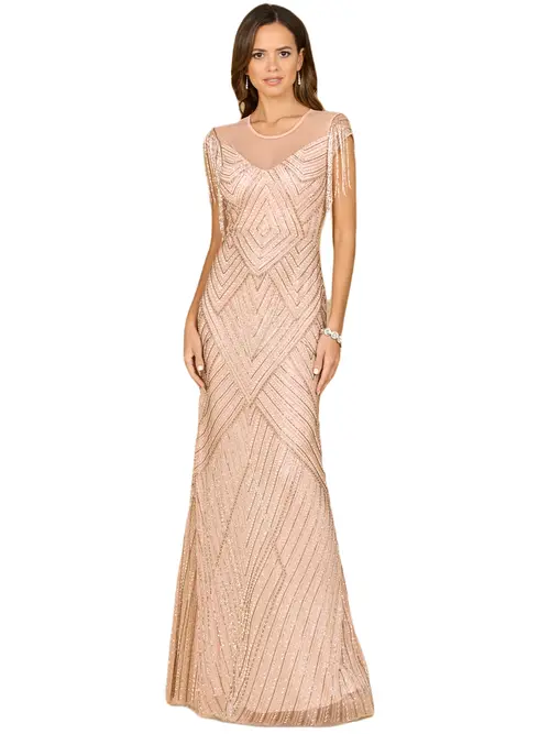 LARA NEW YORK Beaded Fringe Illusion Gown With Cap Sleeves - Blush