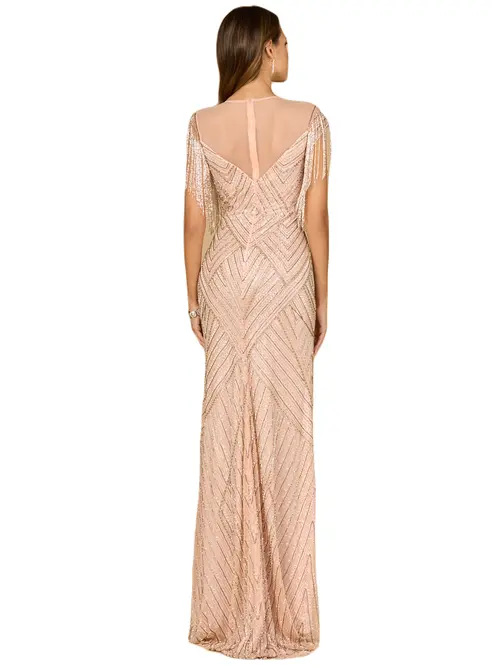 LARA NEW YORK Beaded Fringe Illusion Gown With Cap Sleeves