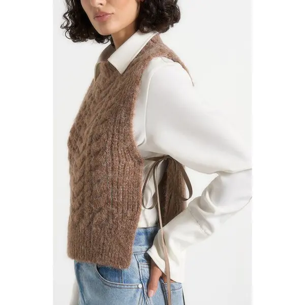 Manière De Voir Danya Wool Cable Knit Vest With Ties - Taupe