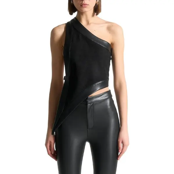 Manière De Voir Suede & Leather Asymmetric Backless Top - Black