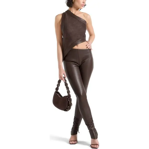 Manière De Voir Suede & Leather Asymmetric Backless Top - Brown