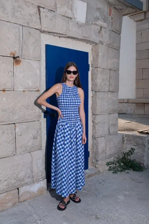 UNTITLED IN MOTION Annah Ruched Plaid Midi Dress