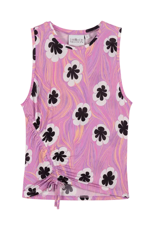 UNTITLED IN MOTION Noda Asymmetric Ruched Silky Jersey Floral Fitted Tank - Opia Rose