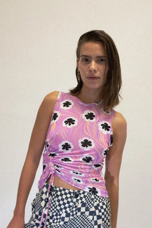 UNTITLED IN MOTION Noda Asymmetric Ruched Silky Jersey Floral Fitted Tank
