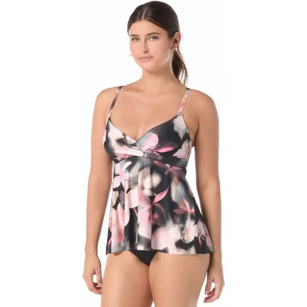 COCO CONTOURS Floral Print Wrap Tankini Swim Top With Tummy Control - Black Multi