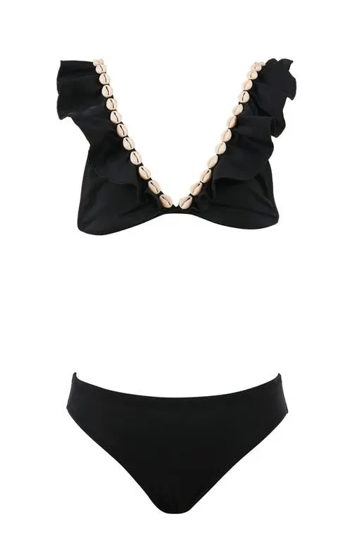 NESSI BYRD Shell-adorned Ruffled Two-piece Bikini - Black